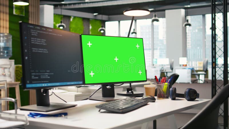 Empty Startup Office with Green Screen PC and Artificial Intelligence ...