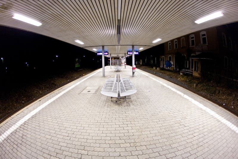 Empty Station Early Morning with Train Stock Image - Image of wideangle ...