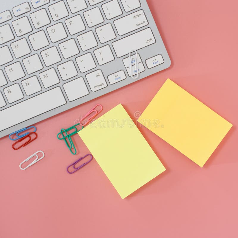 Empty Sticky Post Note Paper Sheet with Laptop Keyboard on Pink Table ...