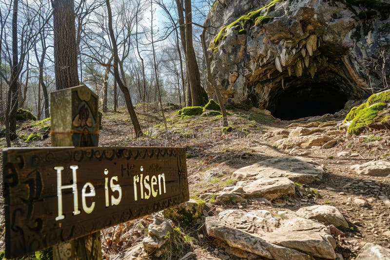An Empty Stone Cave with Sign he is Risen. Generative AI Stock ...