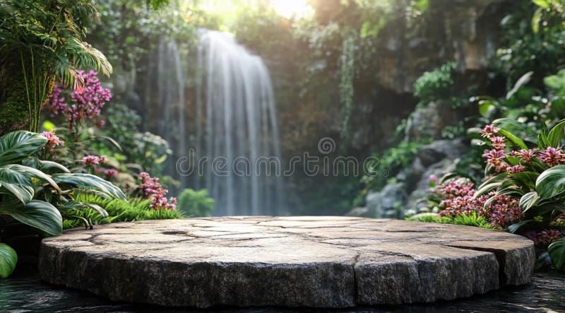 An Empty Stone Circular Podium for Cosmetic with a Waterfall in the ...