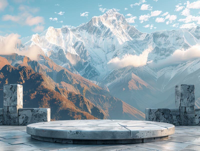 Empty Stone Podium Against Himalayan Mountains Backdrop Stock ...