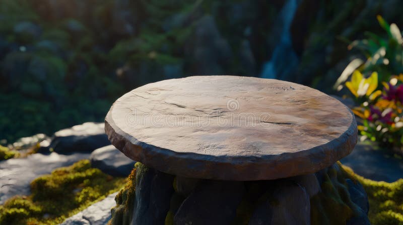 Empty Stone Podium in a Jungle Setting with Waterfall Stock ...