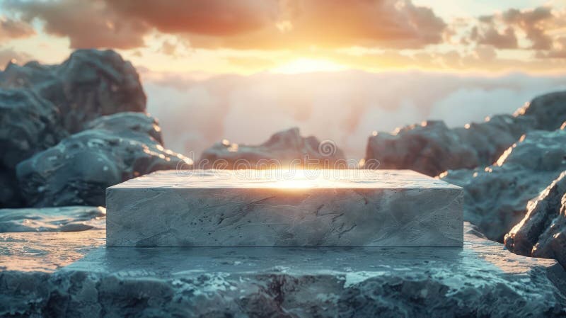 Empty Stone Podium on a Rocky Mountain Background with a Sunbeam ...