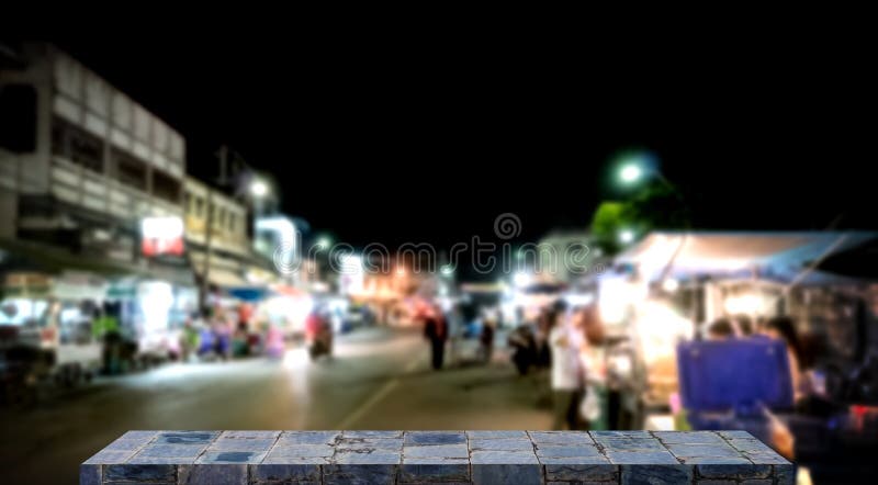 Stone Shelf Display with Night Market Background Stock Image - Image of ...