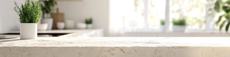 Empty Stone Table in Bright Home Interior with Large Windows, Banner ...