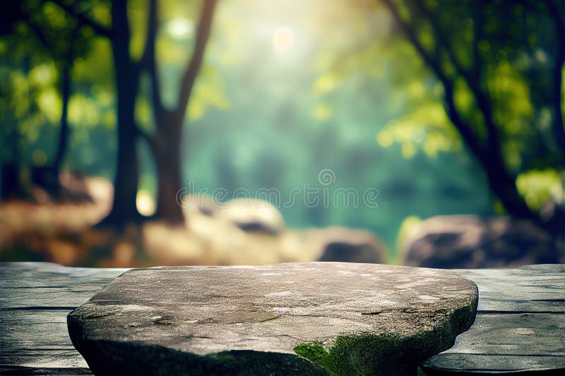 Empty Stone Table for Product Advertising Display in Fresh Green Jungle ...