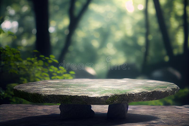Empty Stone Table for Product Advertising Display in Fresh Green Jungle ...