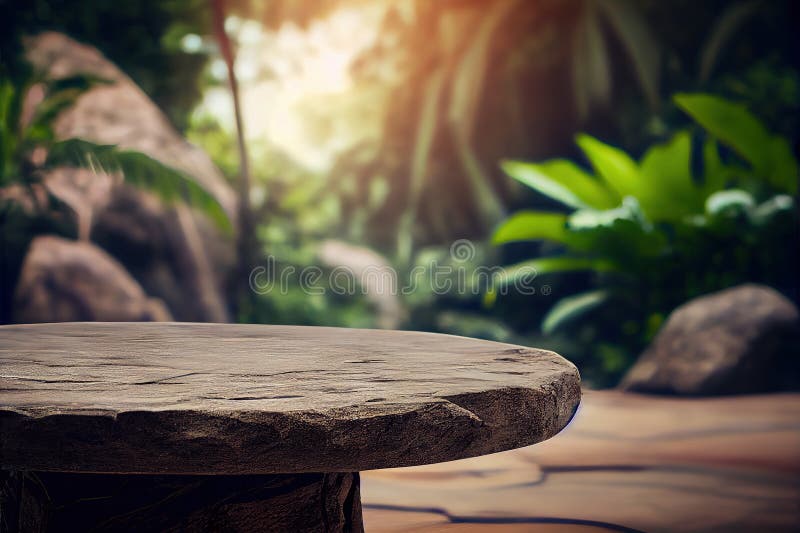 Empty Stone Table for Product Advertising Display in Fresh Green Jungle ...