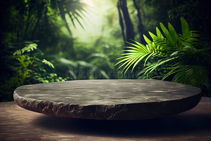 Empty Stone Table for Product Advertising Display in Fresh Green Jungle ...
