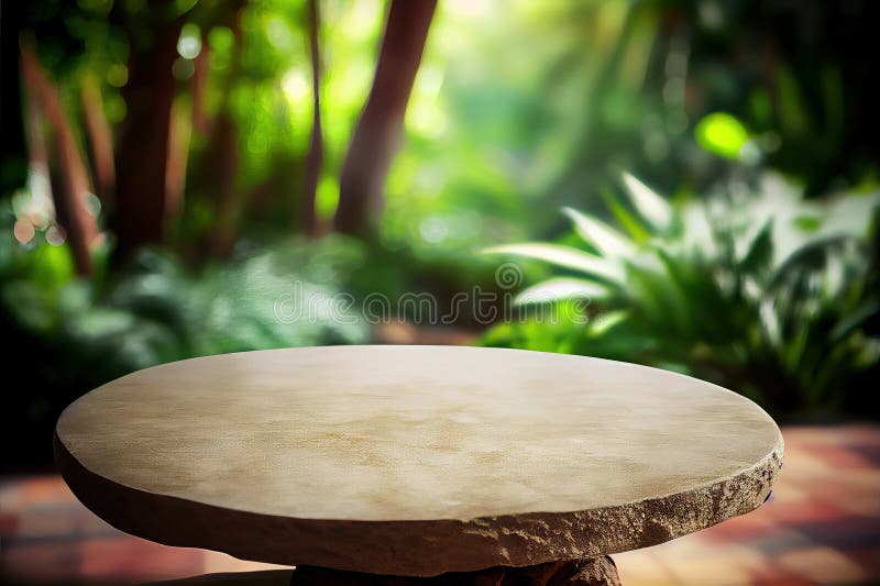 Empty Stone Table for Product Advertising Display in Fresh Green Jungle ...