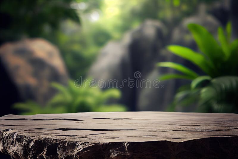 Empty Stone Table for Product Advertising Display in Fresh Green Jungle ...