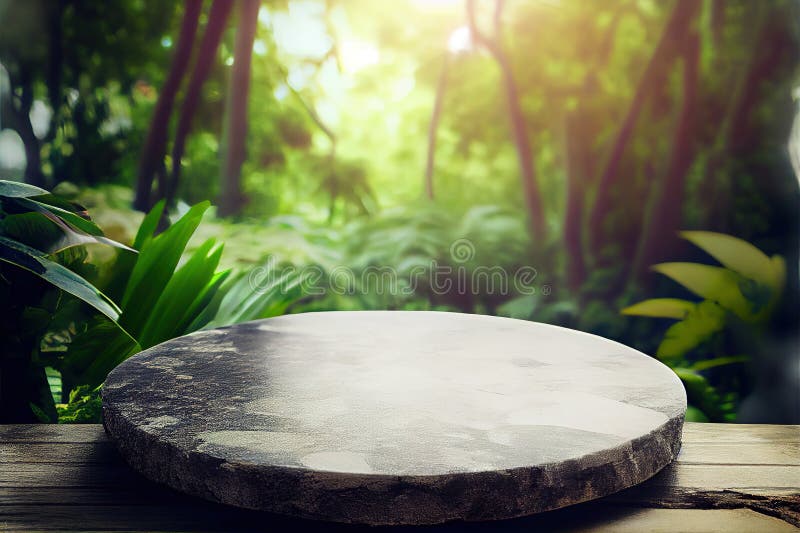 Empty Stone Table for Product Advertising Display in Fresh Green Jungle ...