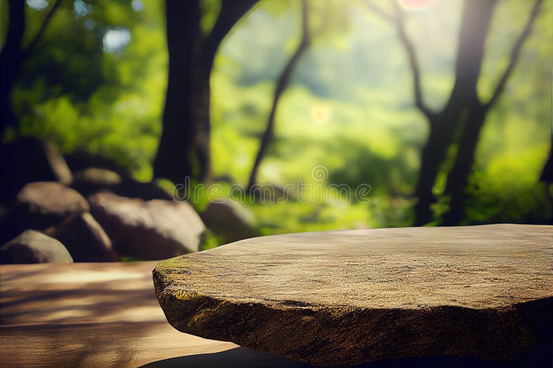 Empty Stone Table for Product Advertising Display in Fresh Green Jungle ...