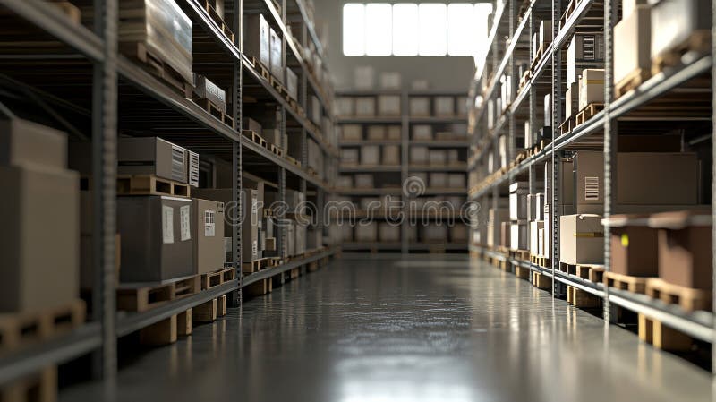 In an Empty Storage Area, Goods Packages are Stacked on Racks, Awaiting ...