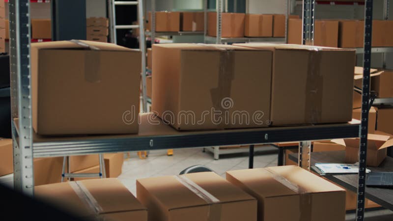 Empty Storage Room with Cardboard Boxes on Racks Stock Footage - Video ...
