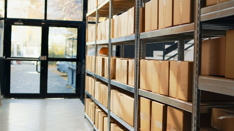 Empty Storage Room with Office Desk and Shelves Stock Photo - Image of ...