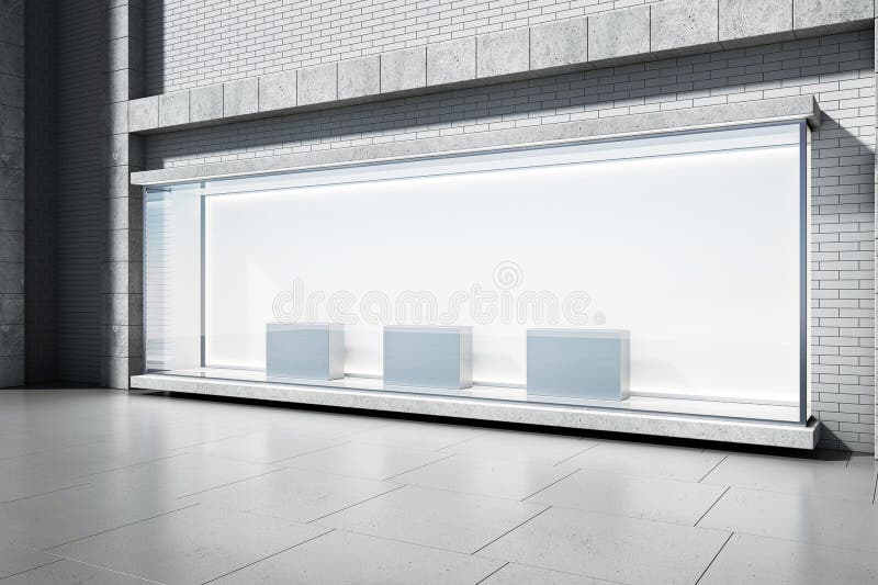 An Empty Store Display Window with Blank Podiums Against a Brick Wall ...
