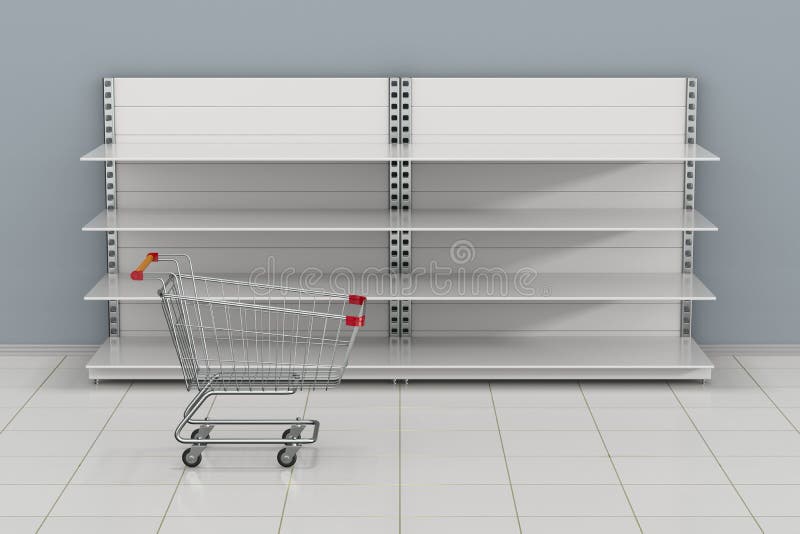 Empty Store Shelves and Shopping Cart. 3D Illustration Stock ...