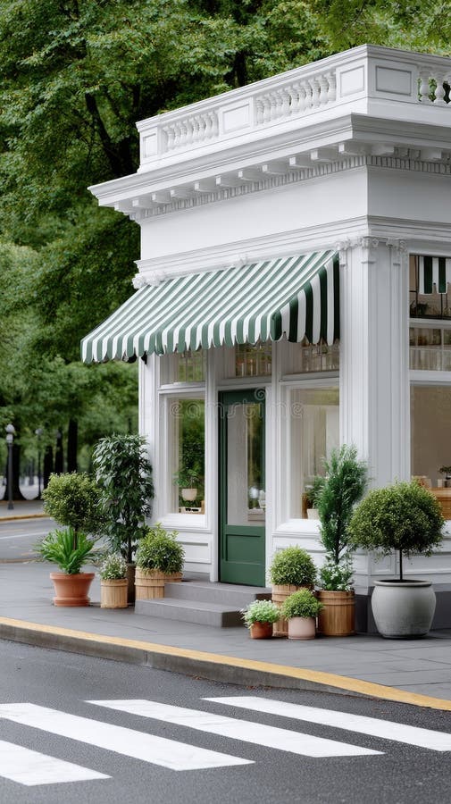 Empty Storefront Features a Striking Green and White Striped Awning ...
