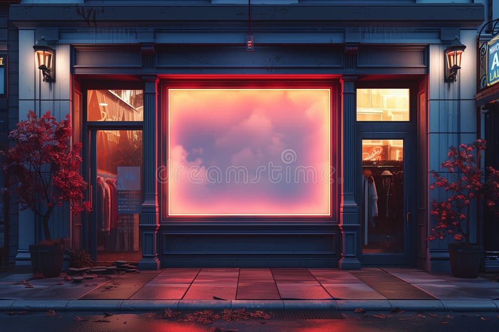 Empty Storefront with Illuminated Neon Sign at Night Stock Photo ...