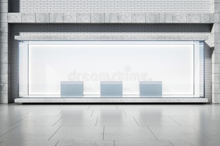 An Empty Storefront with Large Window Display and Three Mockup Podiums ...