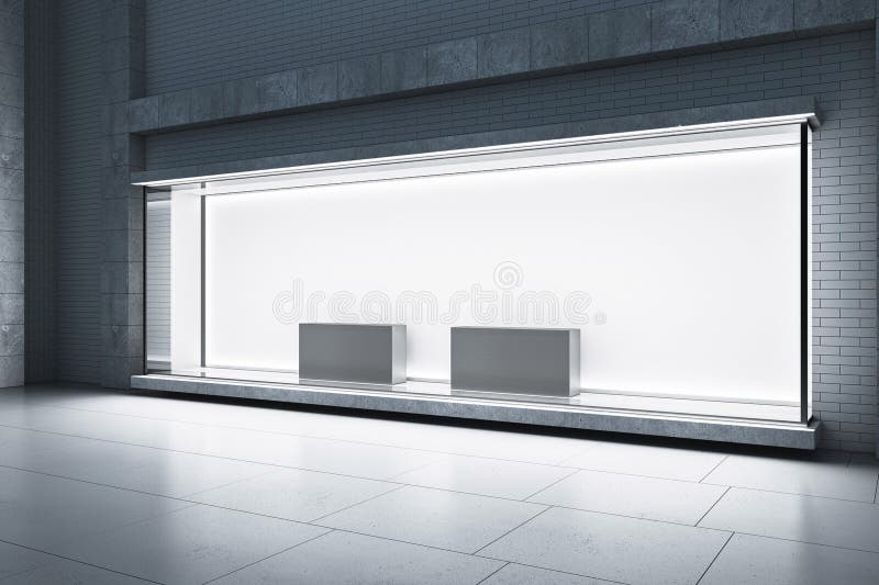 An Empty Storefront Window Display with a Blank Backdrop and Podiums ...