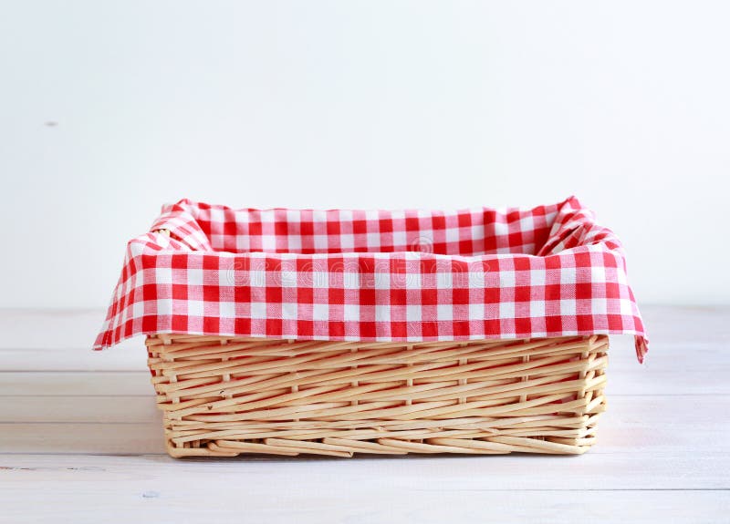 Empty Straw Basket with Checked Red Picnic Cloth. Stock Image - Image ...