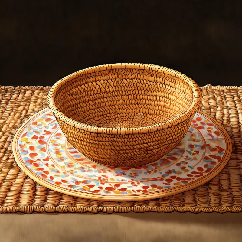 Empty Straw Bowl on Colorful Plate. Simple Rustic Decor. Natural ...