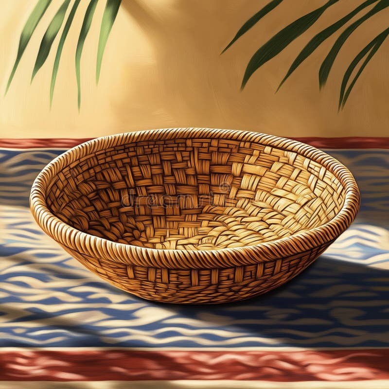 Empty Straw Bowl on Patterned Fabric. Handmade Basket with Woven Design ...