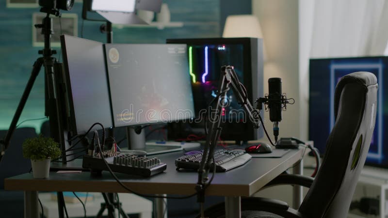 Empty Streaming Studio with RGB Led Lights Powerful Personal Computer ...