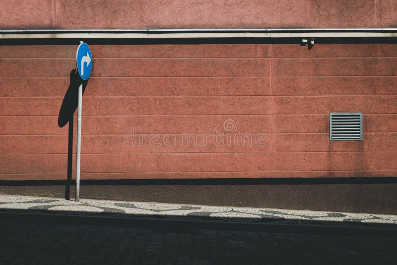 Empty Street with Blue Road Sign in Small Town Stock Image - Image of ...