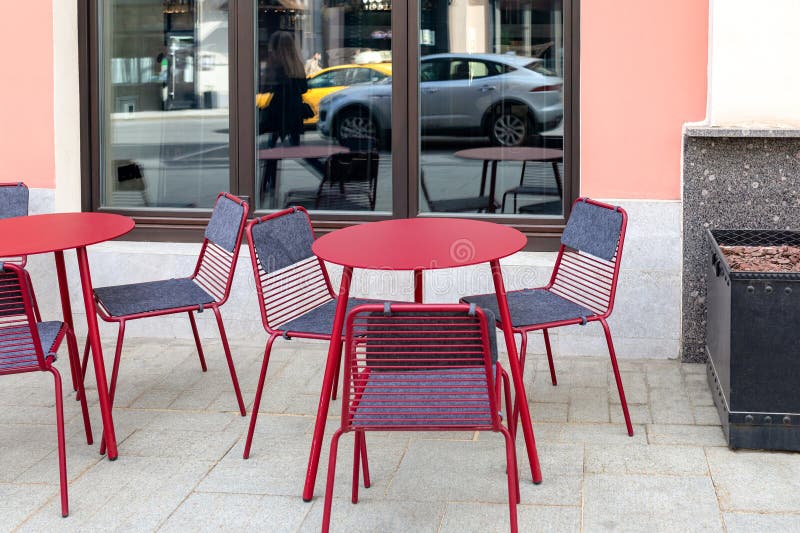 Empty Street Cafe. Red Metal Tables and Chairs Stock Photo - Image of ...