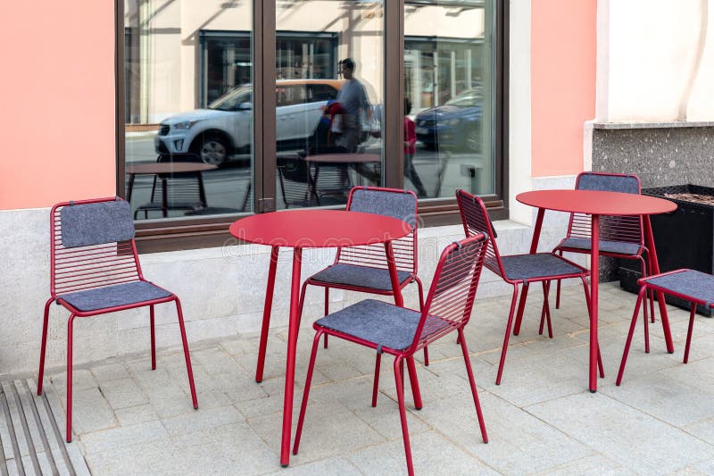 Empty Street Cafe. Red Metal Tables and Chairs Stock Photo - Image of ...