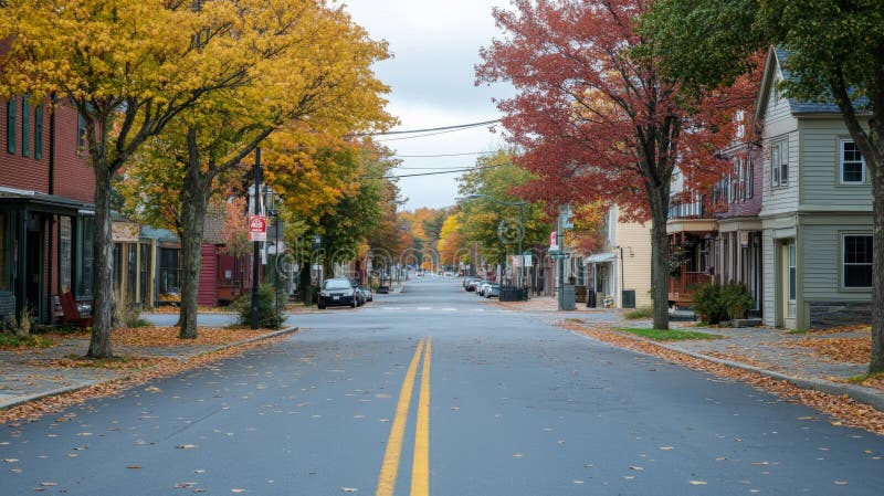 Empty Street Lined with Colorful Fall Foliage in a Small Town Stock ...