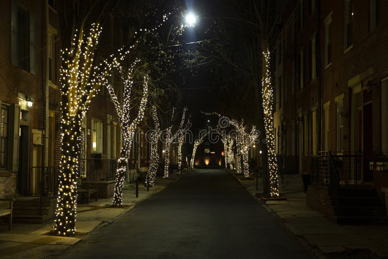 Empty Street at Night. Christmas Lighting Decoration on Trees Stock ...