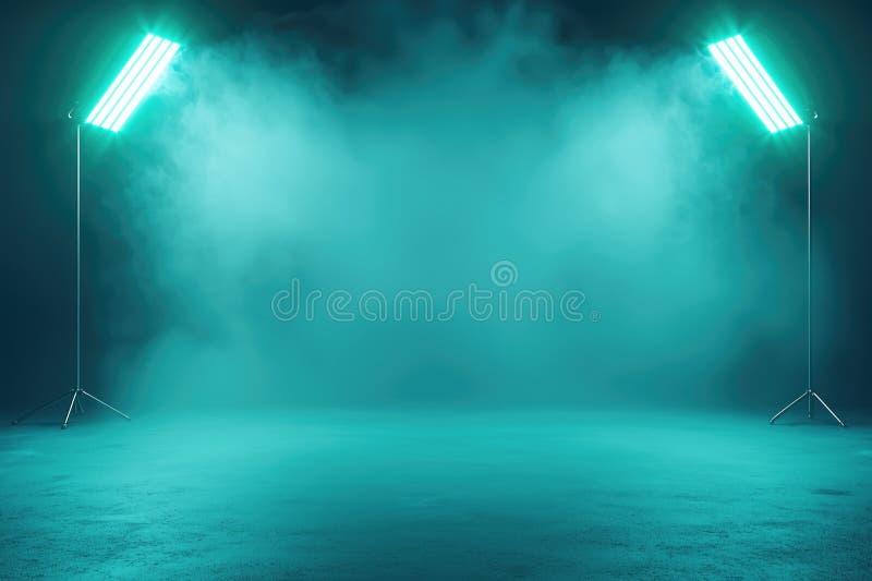Empty Studio with Atmospheric Green Fog and Bright Stage Lights Stock ...