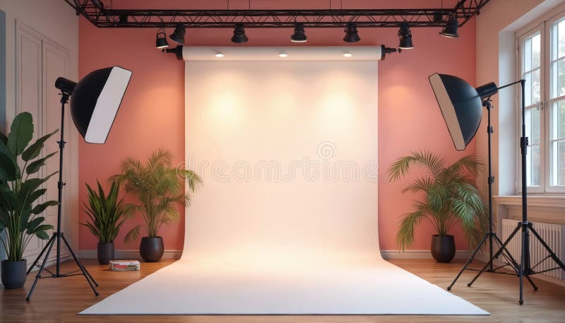 Empty Studio Backdrop Background with Spotlights, Softboxes. Pro Photo ...