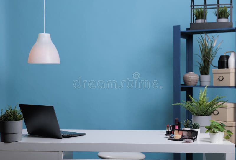 Empty Studio with Blue Background Ready for Podcast Recording Stock ...