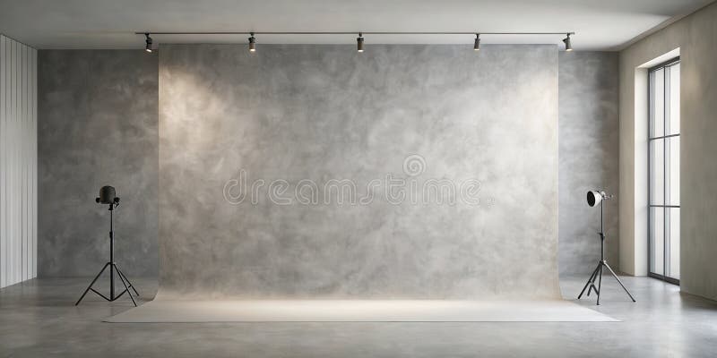 Empty Studio with Grey Wall and Lighting Equipment Ready for a ...