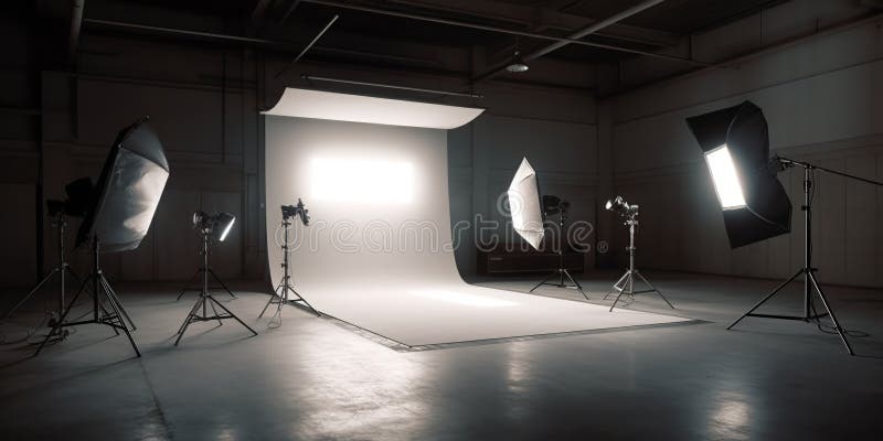 Empty Studio with Lights on White Wall. Copy Space for Text or Mock-up ...