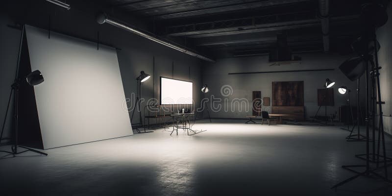 Empty Studio with Lights on White Wall. Copy Space for Text or Mock-up ...