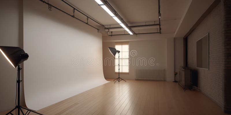 Empty Studio with Lights on White Wall. Copy Space for Text or Mock-up ...