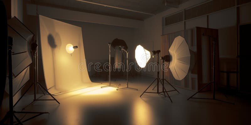 Empty Studio with Lights on White Wall. Copy Space for Text or Mock-up ...