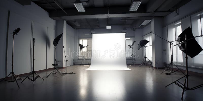 Empty Studio with Lights on White Wall. Copy Space for Text or Mock-up ...