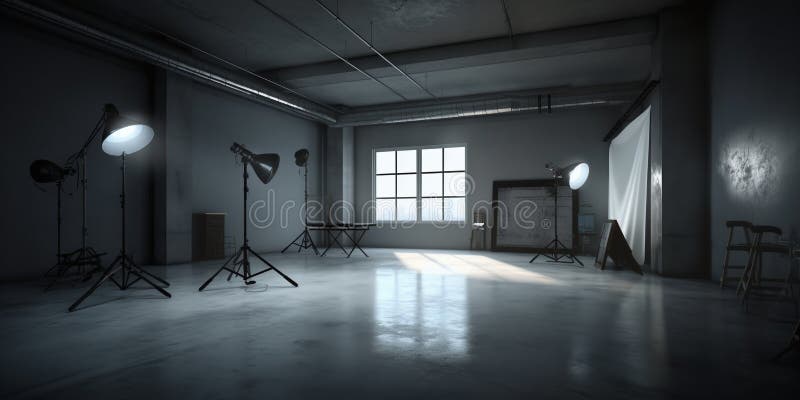Empty Studio with Lights on White Wall. Copy Space for Text or Mock-up ...