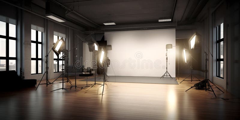 Empty Studio with Lights on White Wall. Copy Space for Text or Mock-up ...