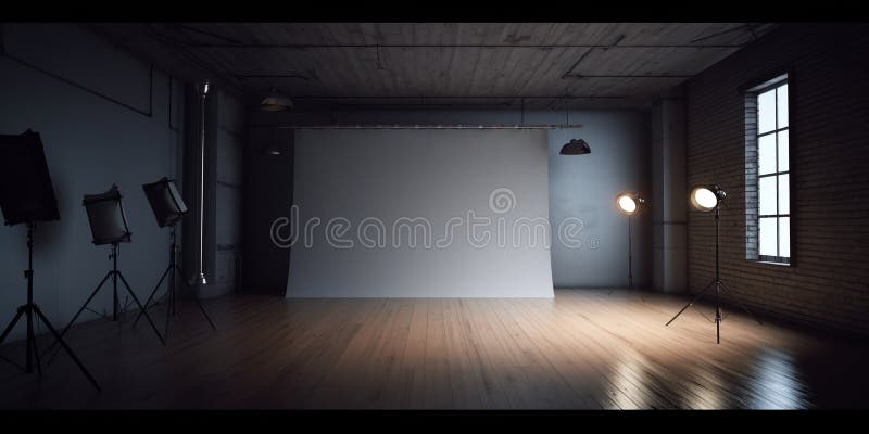 Empty Studio with Lights on White Wall. Copy Space for Text or Mock-up ...
