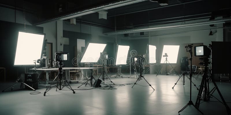 Empty Studio with Lights on White Wall. Copy Space for Text or Mock-up ...