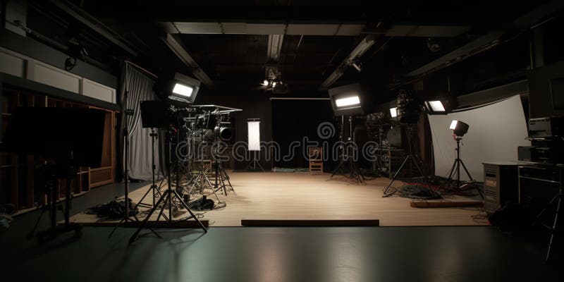 Empty Studio with Lights on White Wall. Copy Space for Text or Mock-up ...